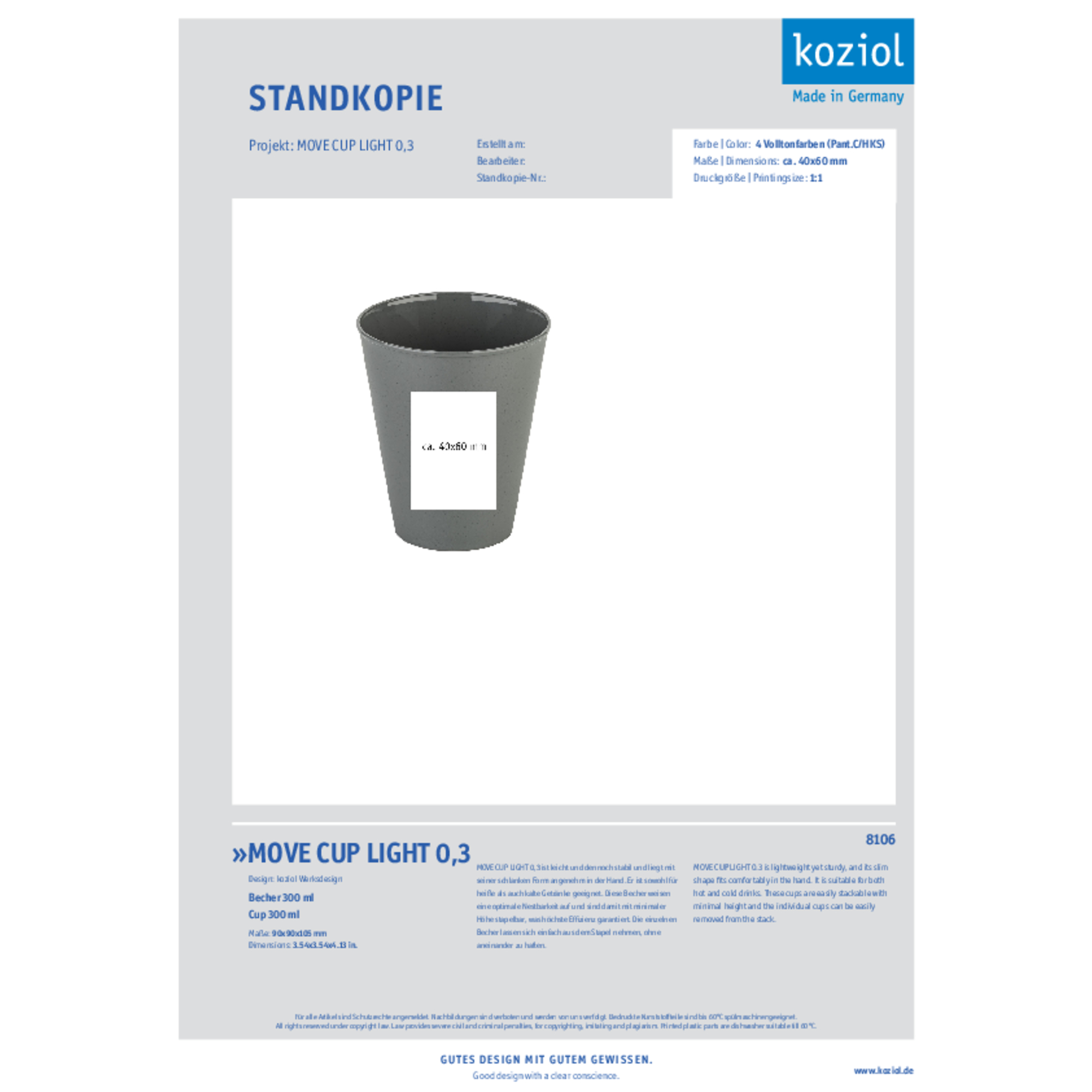 KOZIOL MOVE CUP LIGHT 0,3 Becher 300ml (300 ml, nature ash grey ...